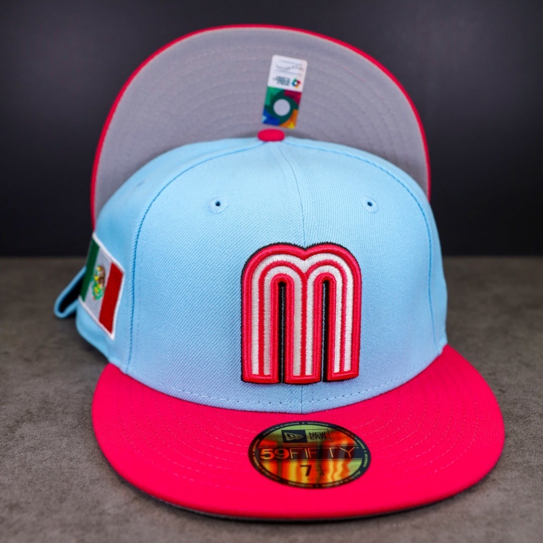 WBC Mexico New Era Pink M And Black Outline On Field Sky Pink Bright WBC Mexico New Era Pink M And Black Outline On Field Sky Pink Bright