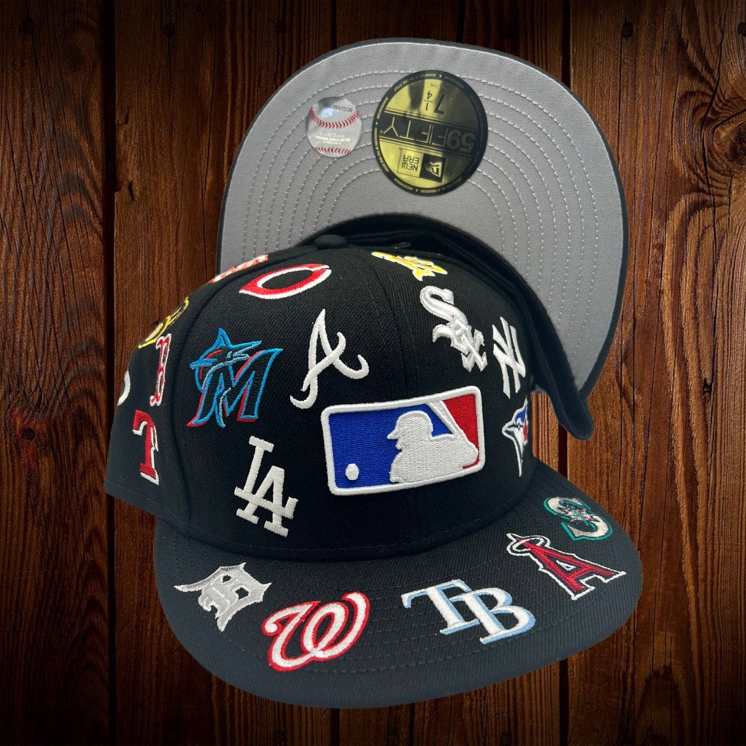 MLB New Era All Black Gray Bottom MLB All Over Logos 59FIFTY Fitted Hat