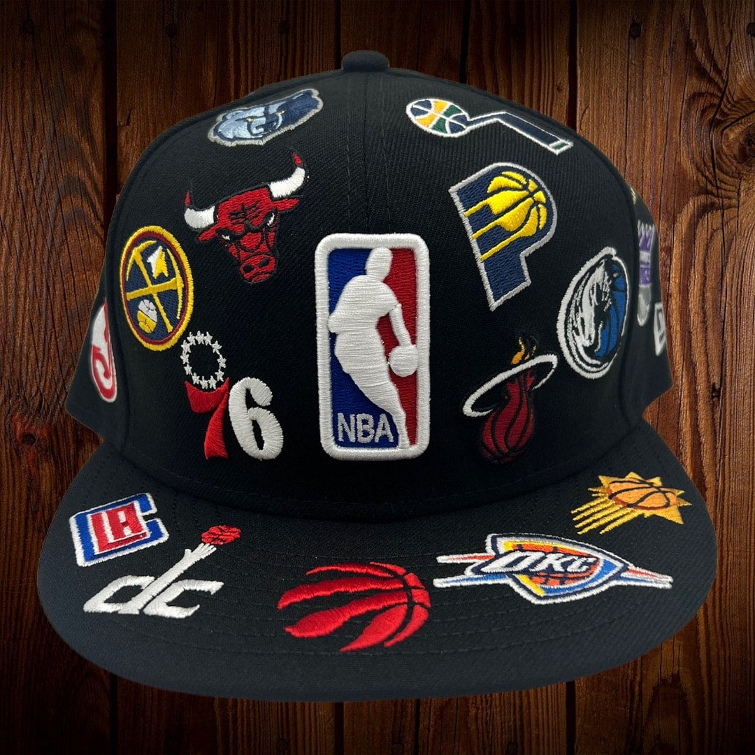 NBA New Era All Black/Gray Bottom NBA All Over Logos 59FIFTY Fitted Hat ...