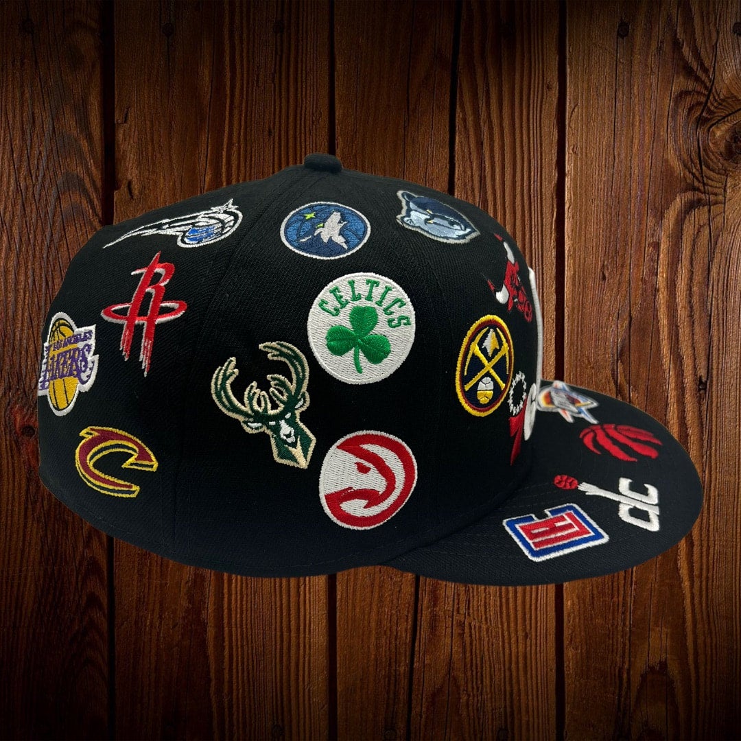 NBA New Era All Black/Gray Bottom NBA All Over Logos 59FIFTY Fitted Hat ...