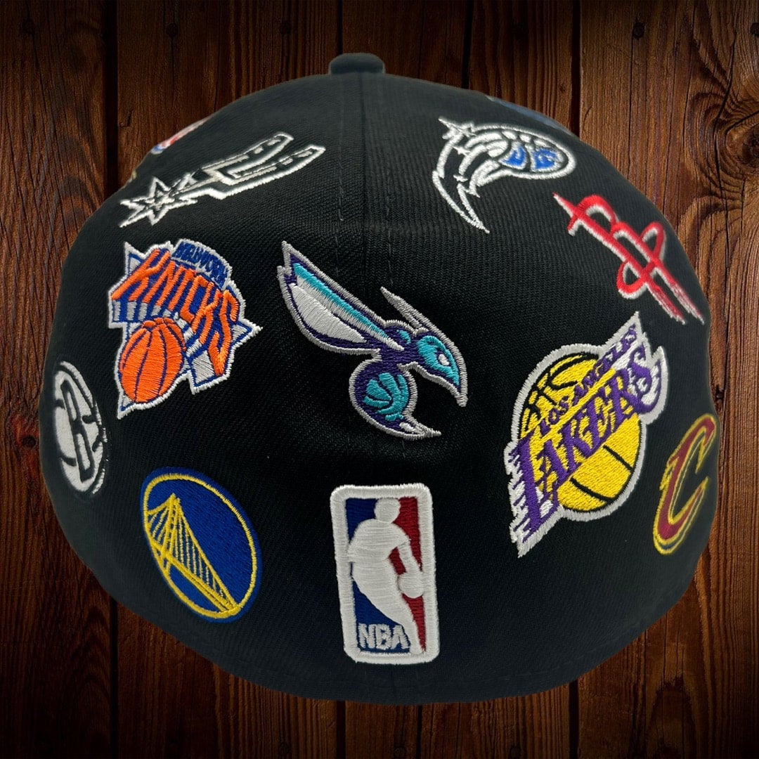 NBA New Era All Black/Gray Bottom NBA All Over Logos 59FIFTY Fitted Hat ...
